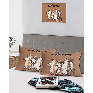 Edwiinsa Cute Cat Pillow Covers King Standard Set of 2 20x36 Bed Pillow, Welcome Farmhouse Animals Brown Plush Soft Comfort for Hair/Skin Cooling Pillowcases with Envelop Closure