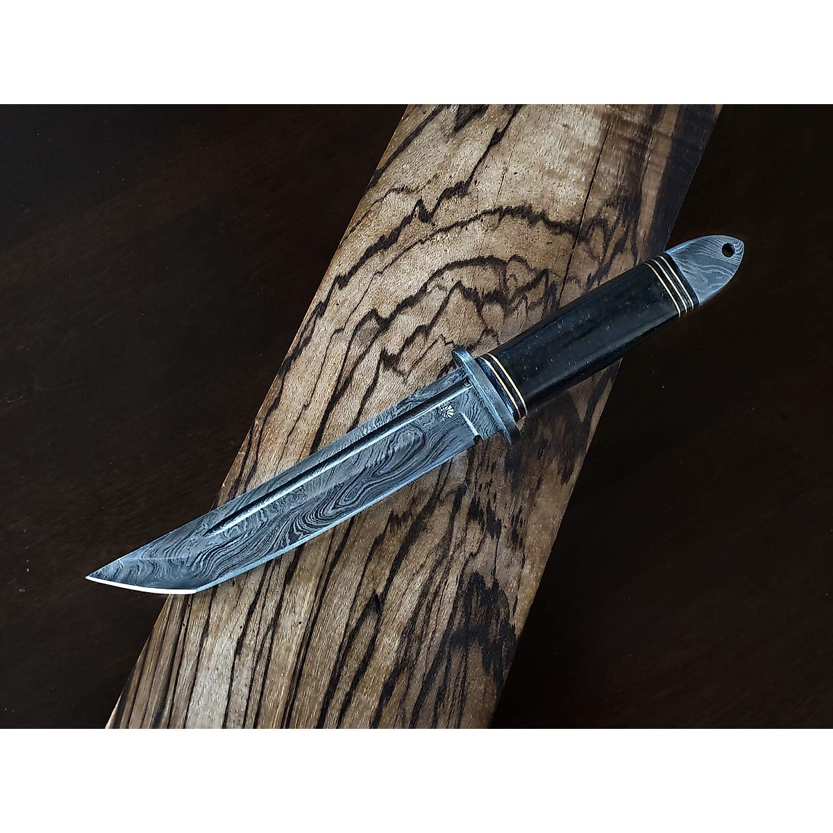 Titan International Knives 10' 1095 High Carbon Damascus Steel Fixed Knife with Black Canvas Micarta Scales Handle Japanese Style Tanto Blade with Leather Sheath for Camping Hunting and Outdoor Activities