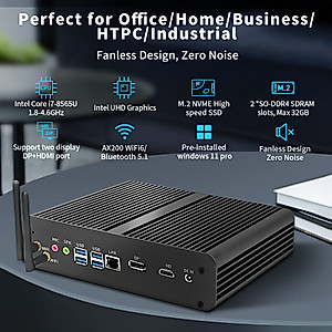 Fanless Mini PC, Kinupute Desktop Computer i7-8565U 1.8-4.6GHz, Windows 11 Pro, 16G DDR4, 256G M.2 SSD, Iris Xe Graphics, HDMI/DP, Dual Display, 4K@60Hz, Gigabit Ethernet, BT5.1, WiFi 6, Auto Power On
