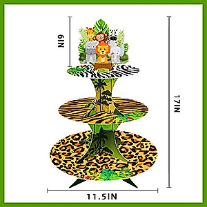 3 Tier Jungle Safari Cupcake Stand, Wild Animal Dessert Holder for Forest Jungle Safari Birthday Baby Shower Sage Green Party Decorations Supplies for 24 Cupcakes