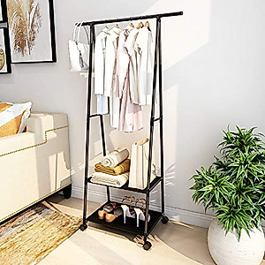 Clothes Rack Clothing Drying Rack, Rolling Garment Rack for Hanging Clothes, Small Industrial Metal Pipe Stand Coat Racks on Wheels with 2 Tier Shelves for Bedroom, Laundry, Entryway and Living Room