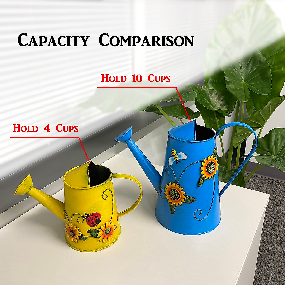 Westcharm Decorative 2.5 Liter Large Blue Sunflower & Bee Metal Watering Can (10 Cups | 80 OZ) | Home Garden Décor Housewarming Gift for Mother Women Friends Gardeners Plants Lovers