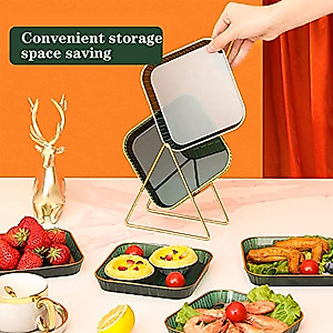 8 Pack Gold Plastic Clear Serving Trays with Tray Storage Rack - Party Trays for Serving Food - Square Tray 5.92" x 5.92" - Party, Halloween, Christmas Plastic Trays for Food (Green)