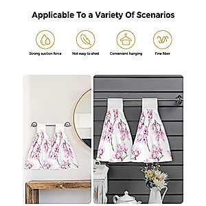 2 PCS Kitchen Hand Towels, Pink Blooming Floral Cluster Petals Branches Soft Plush Hanging Tie Towels with Loop for Kitchen Bathroom Dish Cloth Tea Bar Towel Oil Painting Orchid