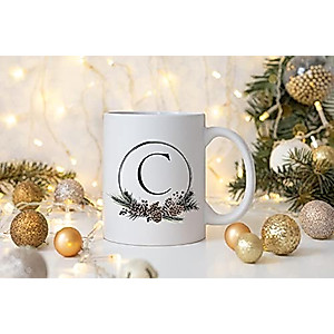 Sunday Blvd. 11oz. Coffee Mug Gift, Winter Pinecone Wreath Monogram Alphabet Letter C, Birthday Christmas Graduation Promotion Coworker Mother's Day Gift Idea, 1-Pack