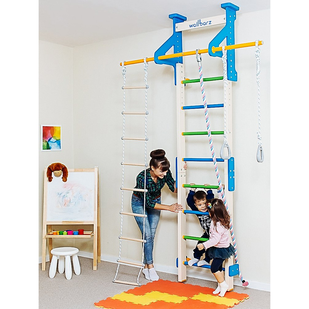 Kids Wood Playground Play Set for Floor & Ceiling / Wooden Indoor Training Gym Sport Set with Accessories Equipment: Climber, Gymnastic Swing Rings, Climbing Rope, Rope Ladder / Wallbarz Woodsy
