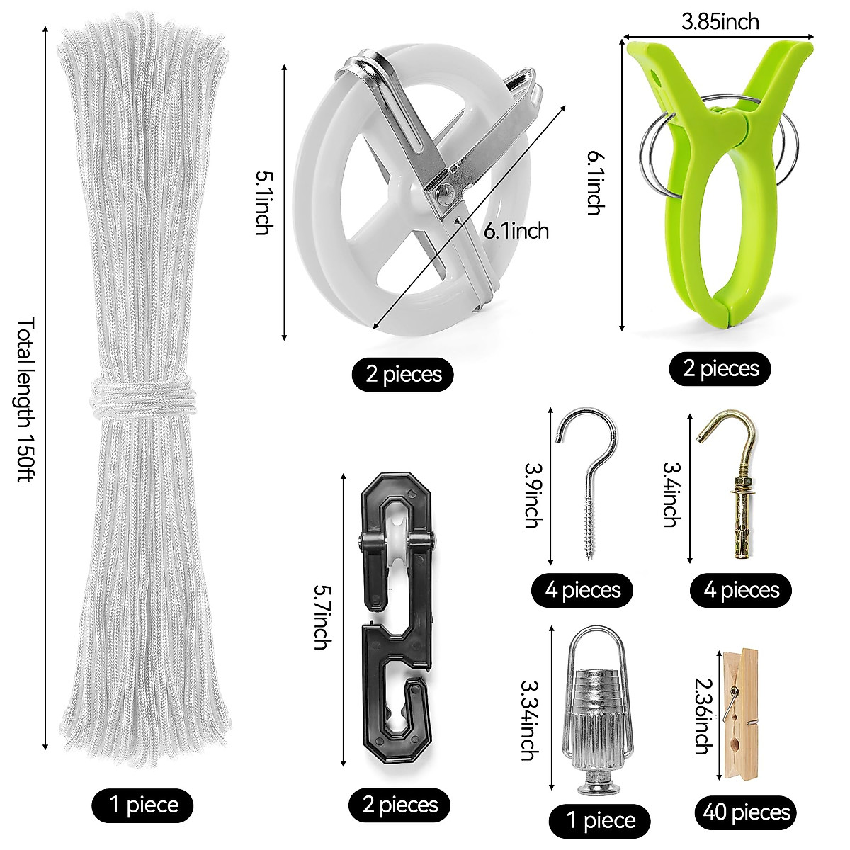 Outdoor Clothesline Kits,Include 150 Ft Nylon Clothes Line,Clothesline Pulley Clotheslines S Separator Spreader, Clothesline Tightener, Hook and Clothespins