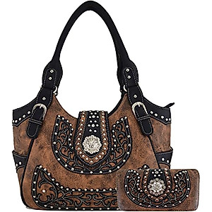 Western Style Berry Conchos Cowgirl Country Conceal Carry Purses Crossbody Handbags Women Shoulder Bags Wallet Set Brown