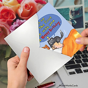 NobleWorks - 1 Awesome Birthday Greeting Card - Cartoon Art, Happy Funny Bday Note - Cat on Head C3791HBDG