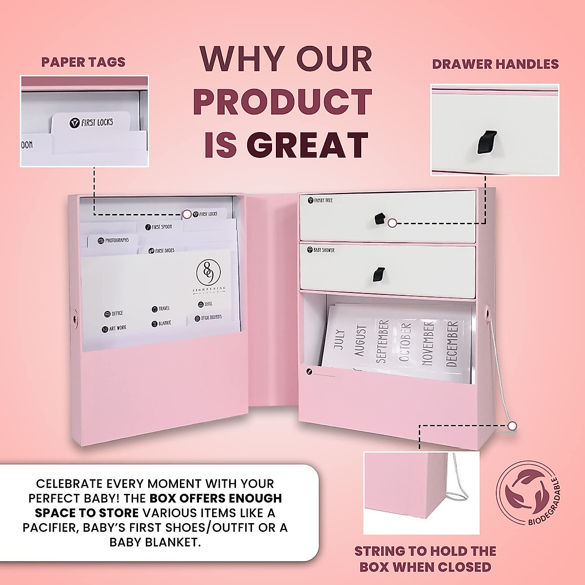 EightyNine Design Baby Keepsake Box, Baby Girl Memory Box for Keepsakes, including Paper Files and Stickers, perfect baby gift