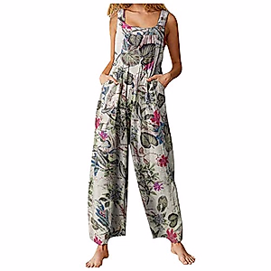 Bravetoshop Women's Sleeveless Suspender Jumpsuit Summer Boho Wide Leg Overalls Hippies Baggy Romper with Pockets (C-White,XL)