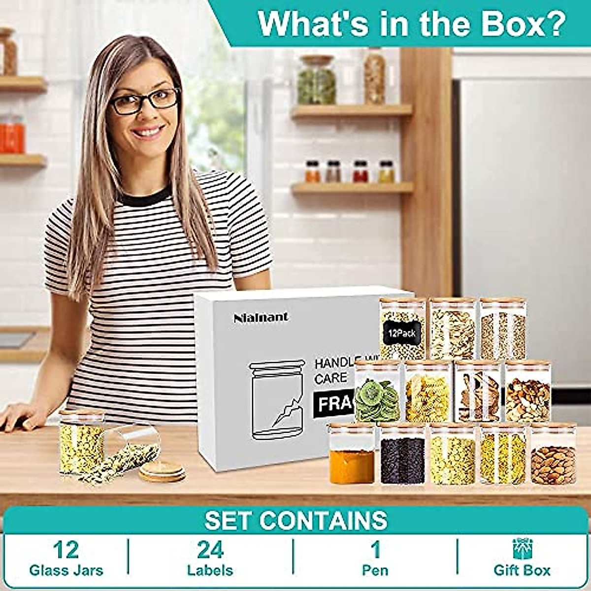 Nialnant 12 Pcs Glass Spice Jars with Bamboo Lids, 6oz Small Glass Jars with Labels & Pen, Glass Storage Jars for Kitchen Tea Coffee Sugar Nuts