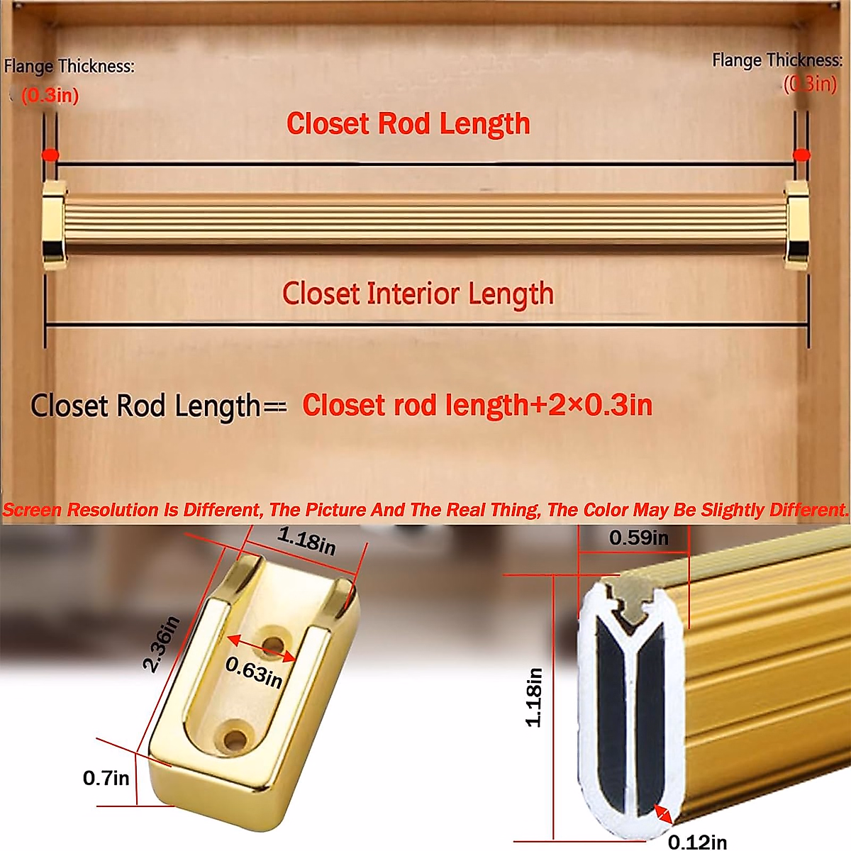 LBROTY Oval Closet Rod for Laundry Room, Closet Rod for Hanging Clothes, Waterproof Shower Rod for Curtains, 17.7-63 Inch Closet Clothes Rail with Non-Slip Silent Strip (Gold,17.7in)
