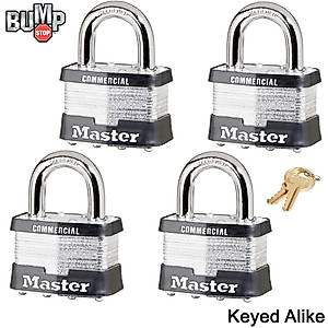 Master Lock Padlock - 2" W Body x 1" L Shackle, Four (4) Keyed Alike Locks 5 NKA-4 w/Bump Stop Technology