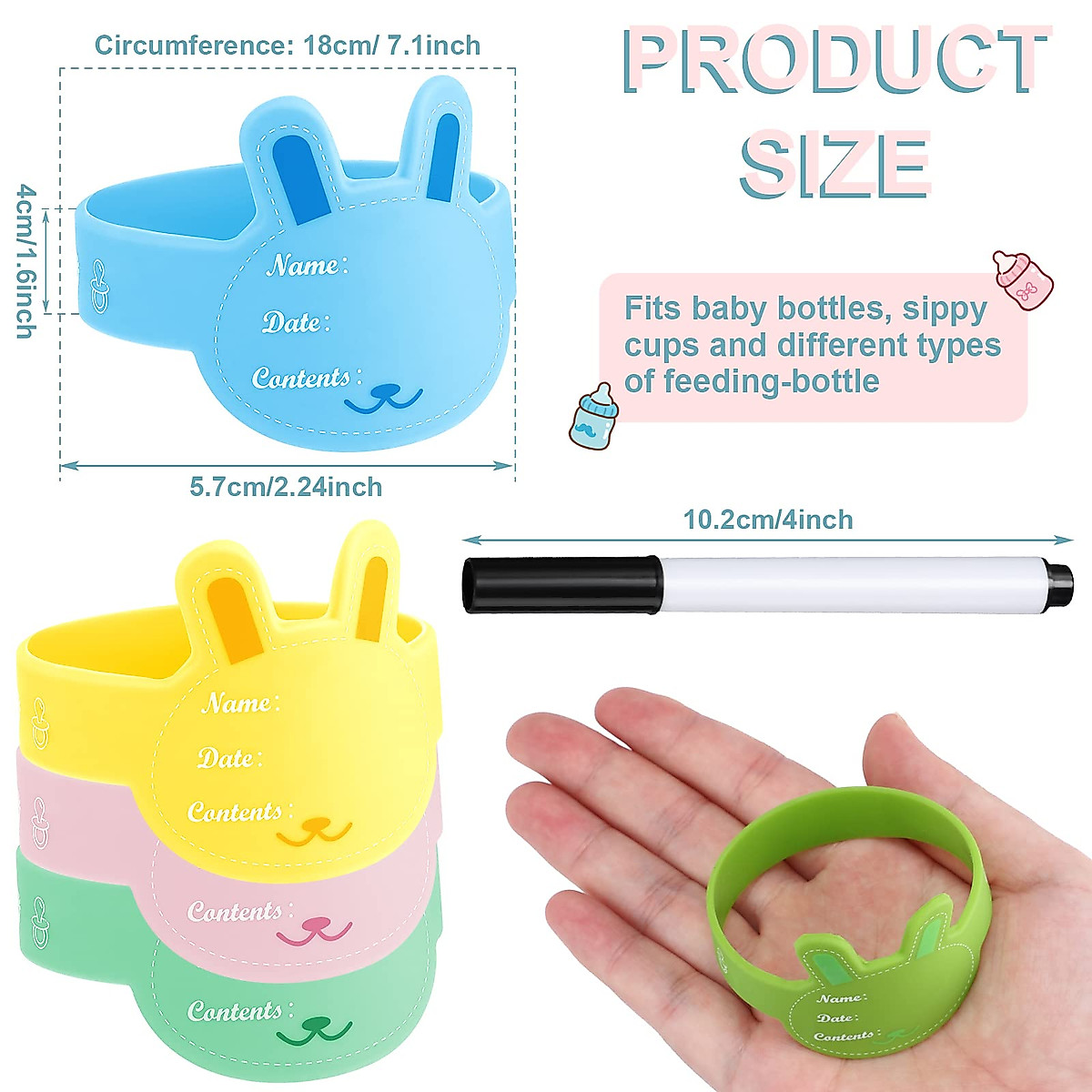 12 Pcs Baby Bottle Labels for Daycare, Silicone Daycare Bottle Labels Day Care Essentials Reusable Waterproof Water Bottle Name Bands in Shape Design with Marker Pens, 6 Colors (Rabbit Style)