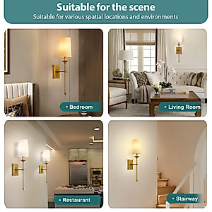 TERLEENART Rechargeable Battery Operated Wall Sconces Set of 2, Modern Mid Century Candlestick Style Wall Light Fixtures with Pure White Cylindrical Fabric Shade and Antique Brass Long Slim Stem