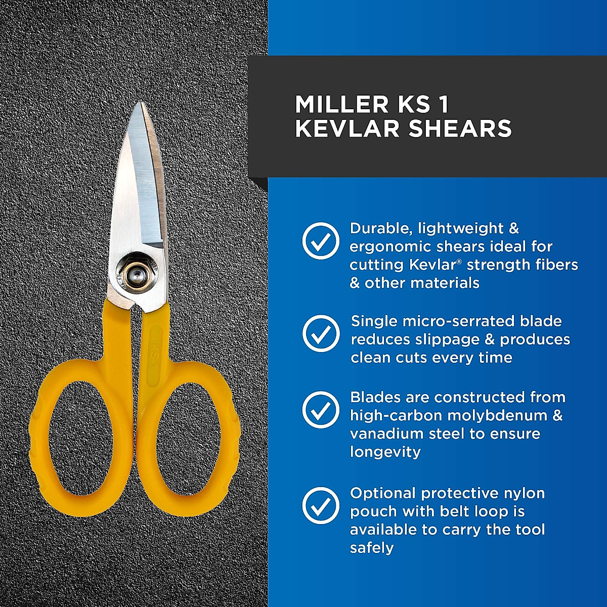 Miller KS-1 Yellow Fiber Optic Kevlar Scissors, Easily Portable Utility Scissors for Working Technicians, Electricians, and Installers, Heavy-Duty Cable Cutters, 5.5 Inches