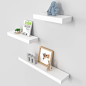 Ballucci Modern Floating Shelves for Wall, Set of 3 Wood Wall Mount Ledges for Living Room, Bedroom, Nursery, Bathroom, Kitchen, 12", 16", 24" - White