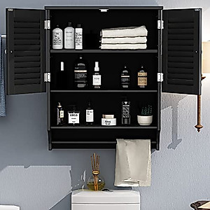 ChooChoo Bathroom Wall Cabinet with Towels Bar, 23.6" L x8.9 W x29.3 H MDF Material Medicine Cabinet, 2 Doors Over The Toilet Space Saver Storage Cabinet with Large Space, Black