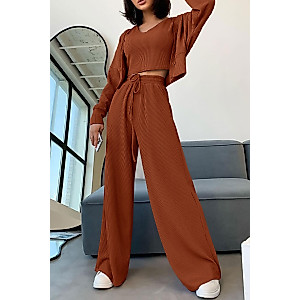 PRETTYGARDEN Womens 2024 Fall Track Suits 3 Piece Outfits Matching Sets Ribbed Knit Cardigan Cropped Tank Tops Wide Leg Pants (Brown,Large)