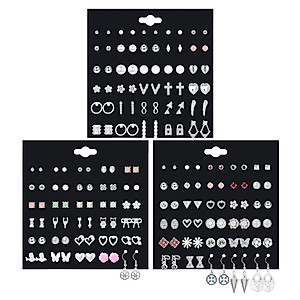 Thunaraz 90Pairs Assorted Multiple Small Stud Earrings Sets for Women Multipack Simple Cute Bar Star Moon Triangle Geometric Arrow Flower Bow CZ Ball Faux Pearl Earrings Set