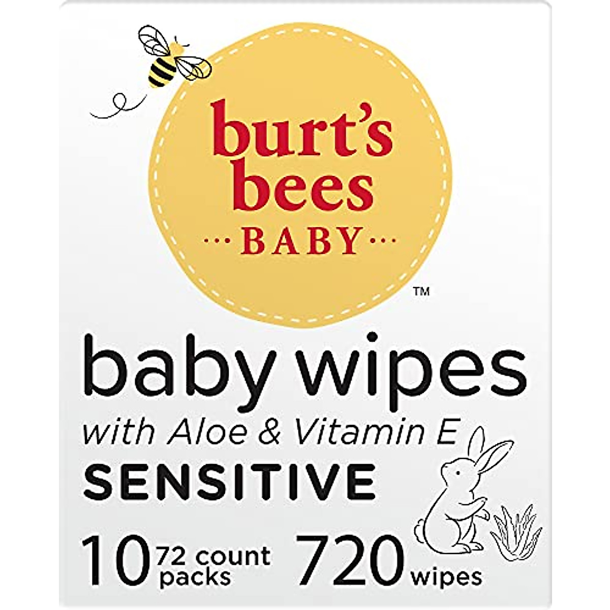 Burt's Bees Baby Wipes, Unscented Towelettes for Sensitive Skin, Hypoallergenic & Non-Irritating, All Natural with Soothing Aloe & Vitamin E, Fragrance Free, 72 count ( Pack of 10)