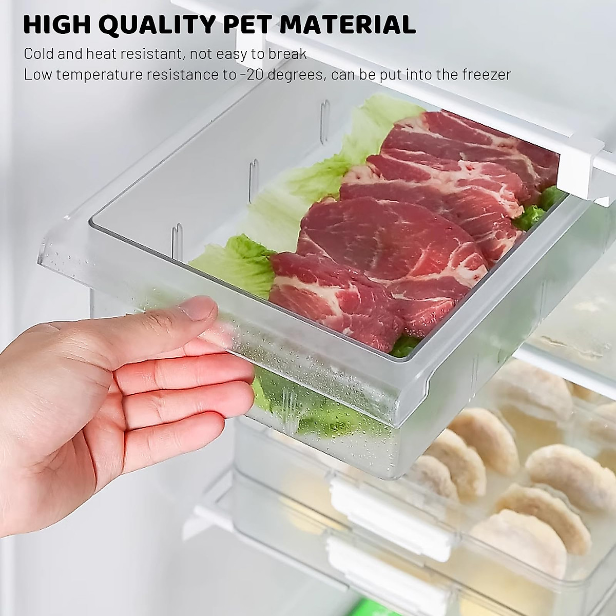 CESHRR Fridge Organizer Drawer, Refrigerator Drawer Organizer, Pull Out with Handle,Pull Out Shelf Storage Transparent Organizer for Egg,Fruit,Vegetable,Seafood,Beef-4 compartments