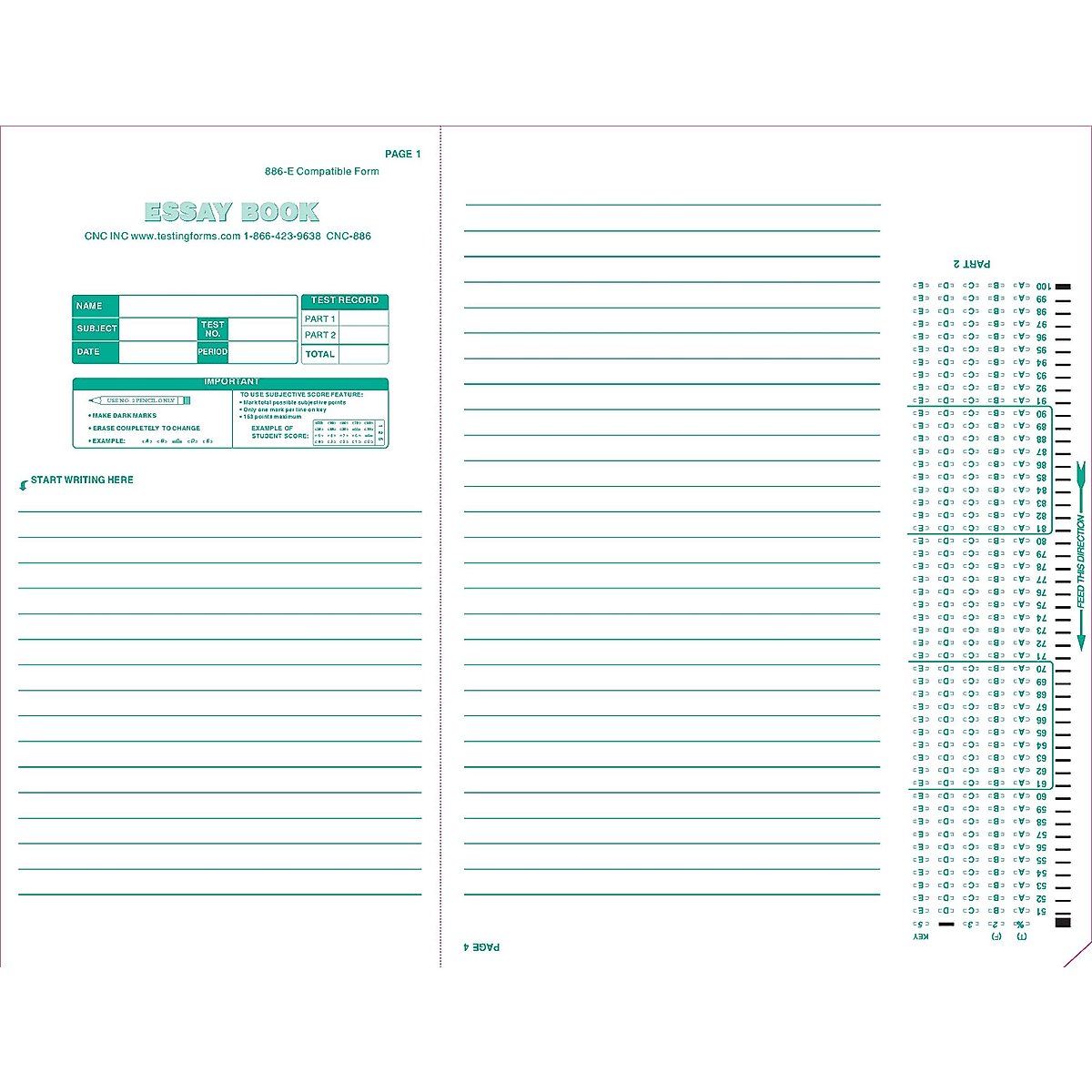 TEST-886E 886-E 100 Question Compatible Testing Forms (50 Sheet Pack)