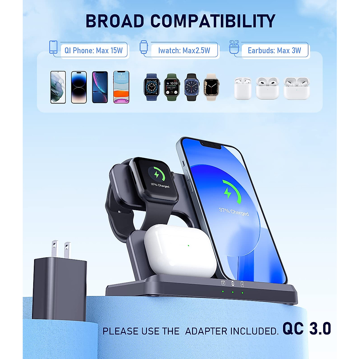 3 IN1 Wireless Charging Station Apple,20W Fast Wireless Charger Stand, iPhone Wireless Charger Station Dock for iPhone14-11/Pro/Max/Mini/X/XR/8/Plus,Airpods Pro/3/2,Apple Watch Series (18W Adapter)