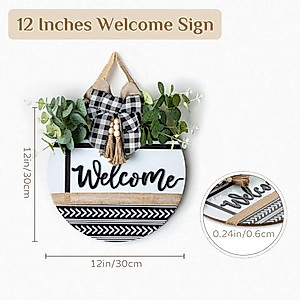 Welcome Sign for Front Door Decor - Walasis Hanging Welcome Signs for All Season Boho Wall Decoration 12inch Wooden Farmhouse Eucalyptus Wreath with Bow Beads for Home