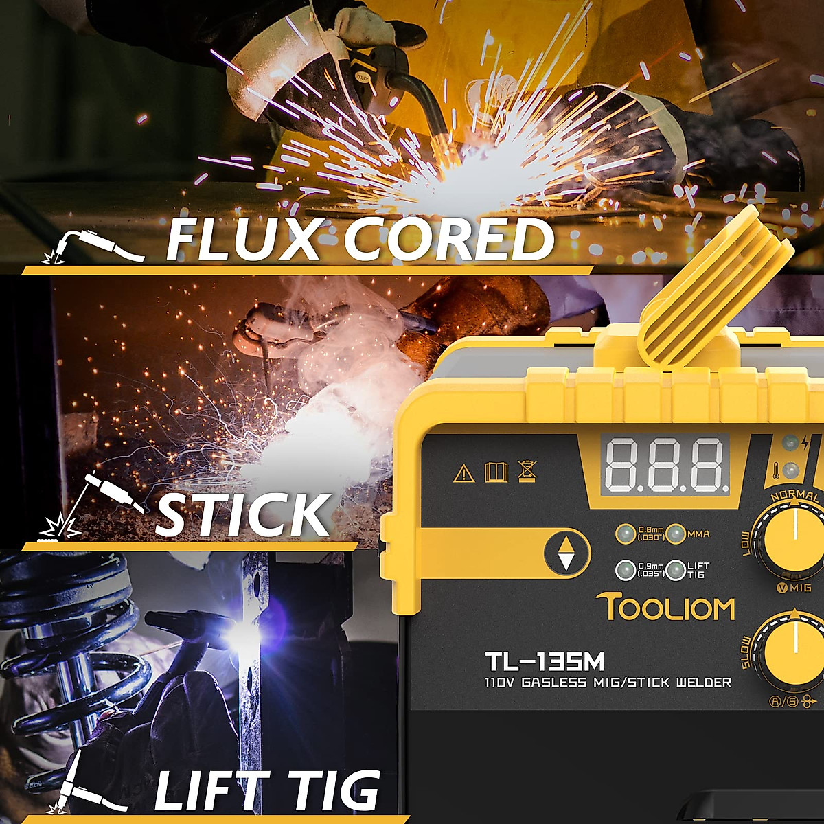 TOOLIOM 135A Flux Core Welder MIG Welder 110V Flux MIG/Lift TIG/Stick 3-in-1 Welding Machine IGBT DC Inverter