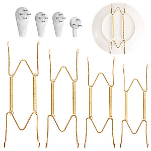XIHIRCD 4Pcs Plate Hangers for Walls, 6/8/10/12 Inch Stainless Steel W-Shaped Gold Plate Hooks Vertical Dish Holder Display Wall Mount for Antique Arts Decorative Plates
