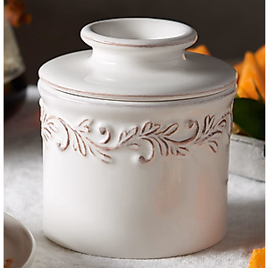 Butter Bell - The Original Butter Bell crock by L Tremain, a Countertop French Ceramic Butter Dish Keeper for Spreadable Butter, Antique Collection, White Linen