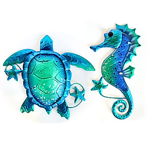 LIFFY Sea Turtle Wall Decor - Metal Seahorse Decor - Beach Theme Wall Art Decorations - Ocean Turtle Wall Decor for Indoor Outdoor Bathroom