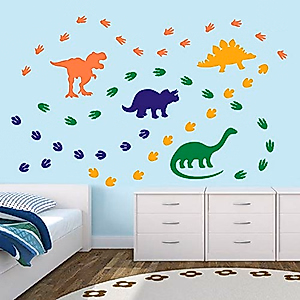 Creative Dinosaur Wall Decals, DIY Adorable Animal Dinosaur Footprints and Paw Print Wall Sticker for Kids Room Classroom Decoration, Orange,Blue,Yellow,Green (74 Pcs)