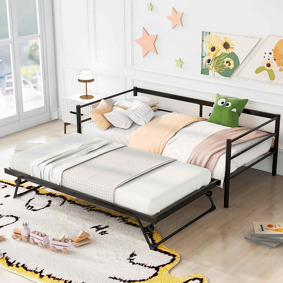 ATY Twin Size Daybed with Adjustable Pop Up Trundle, Sturdy Metal Bedframe w/Safety Guardrail, Perfect for Dorm,Guest Room, Bedroom, Easy Assemble, Black