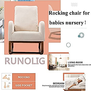 jeerbly Nursery Rocking Chair,Upholstered Fabric Accent Armchair,Wooden Padded Seat with 2-Side Pocket,Nursing Chair with Rubber Wood Legs,Glider Chair for Nursery,Living Room,Home Office (Beige)