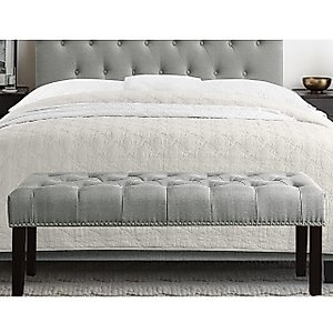 Rosevera Almaraz Linen Upholstered Bench with Silver Nailhead and Button Tufting for Bedroom and Living Room, Small, Gray