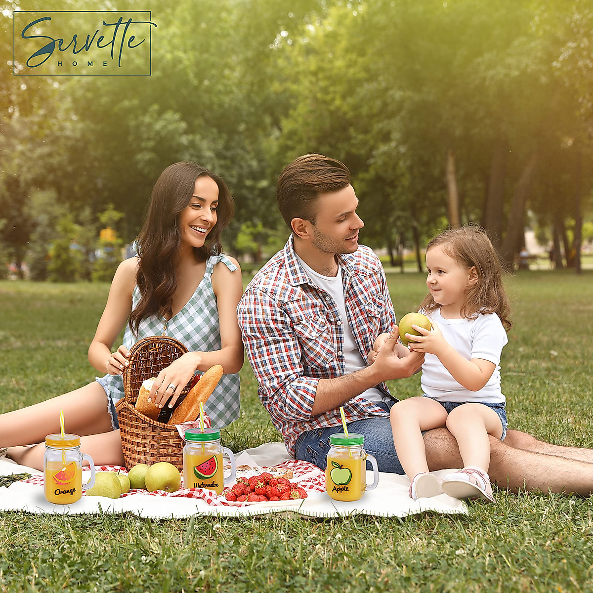 Mason Jar Drinking Glasses 15oz/450mL with Lid & Straw Printed Fruit - Set of 4