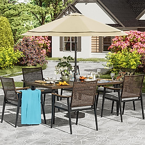NATURAL EXPRESSIONS 7 Piece Patio Dining Table Outdoor Furniture Set, 6 Rattan Wicker Chairs with Cushions and 70” Large Dining Table with 1.65'' Umbrella Hole for Patio, Garden, Porch, Pool Beige