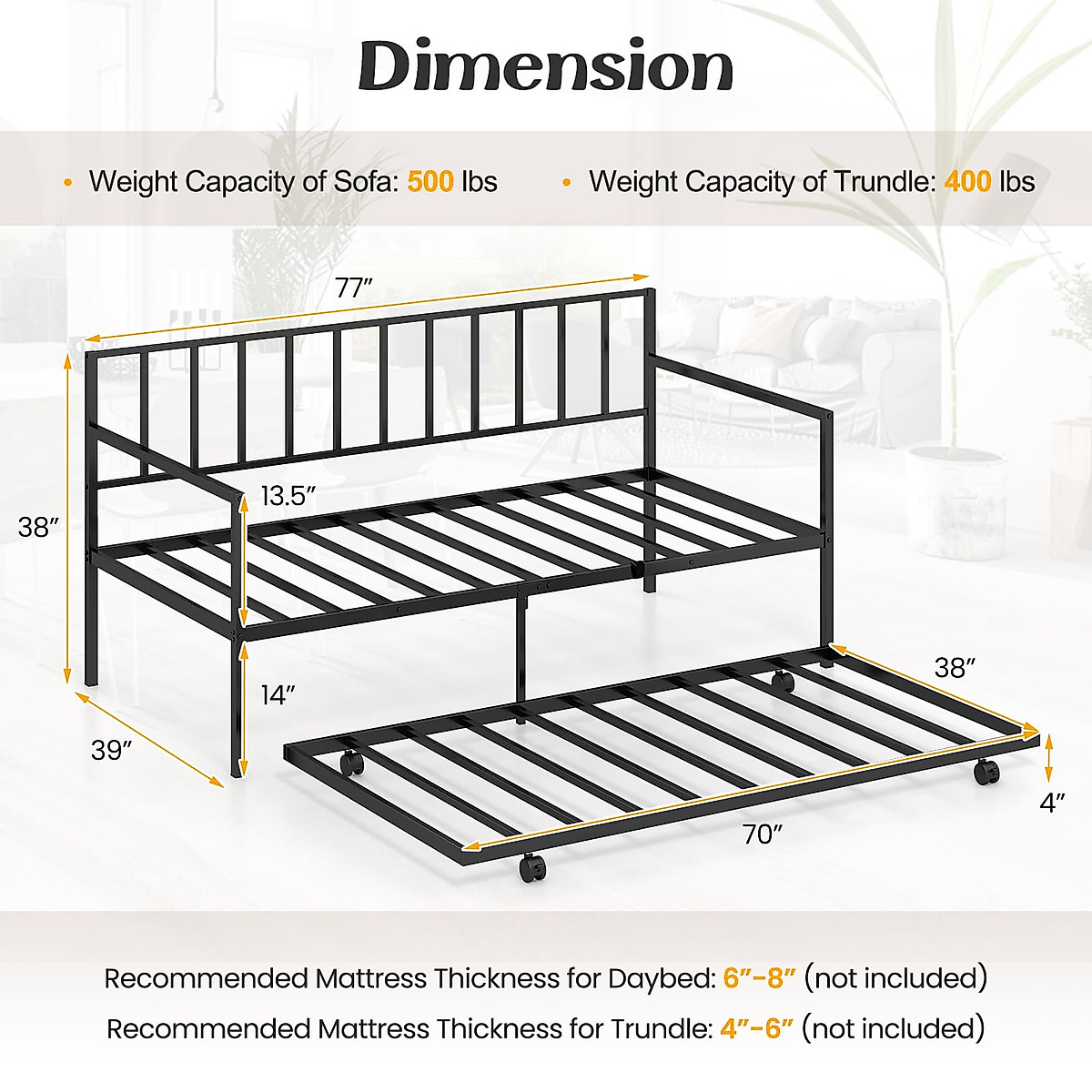 KOMFOTT Twin Metal Daybed with Trundle, Metal Sofa Bed & Pull-Out Trundle Set with Lockable Casters, Daybed for Living Room, No Box Spring Needed