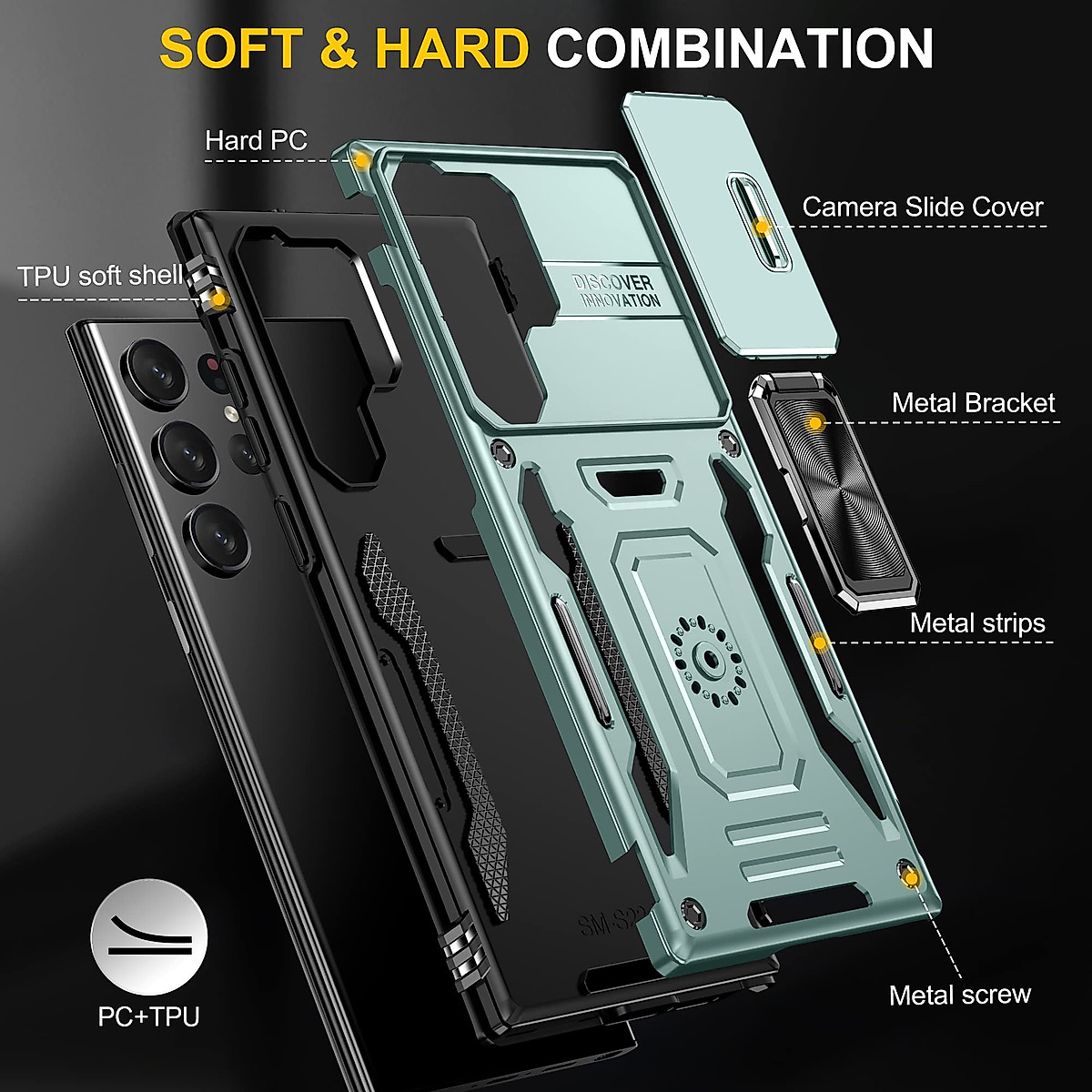 2023 New CASE for Samsung 23 Ultra Case with Kickstand & Camera Cover Slide,[2 in 1] Heavy Duty Drop Proof Phone Cover.Hard PC+Silicone for Protective Case Samsung Galaxy 23 Ultra Phone Case(Cyan)