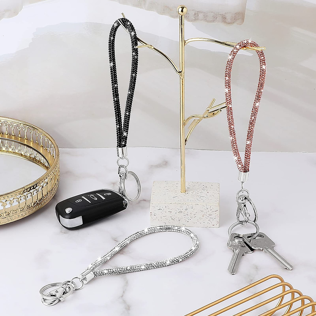 3 Pieces Bling Wristlet Keychain Wristlet Lanyard Keychains for Women Rhinestone Lanyards for Keys Wristlet Keychain for Women Keychain Wallet Credit Card Holder (Black, Champagne, White)