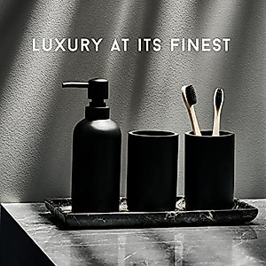 Premium 4 Pcs Matte Black Bathroom Accessories Set Complete with Black Marble Tray. Bathroom Soap Dispenser Set. Bathroom Decor Sets Accessories with Bathroom Tray. Bathroom Sets Accessories (Black)