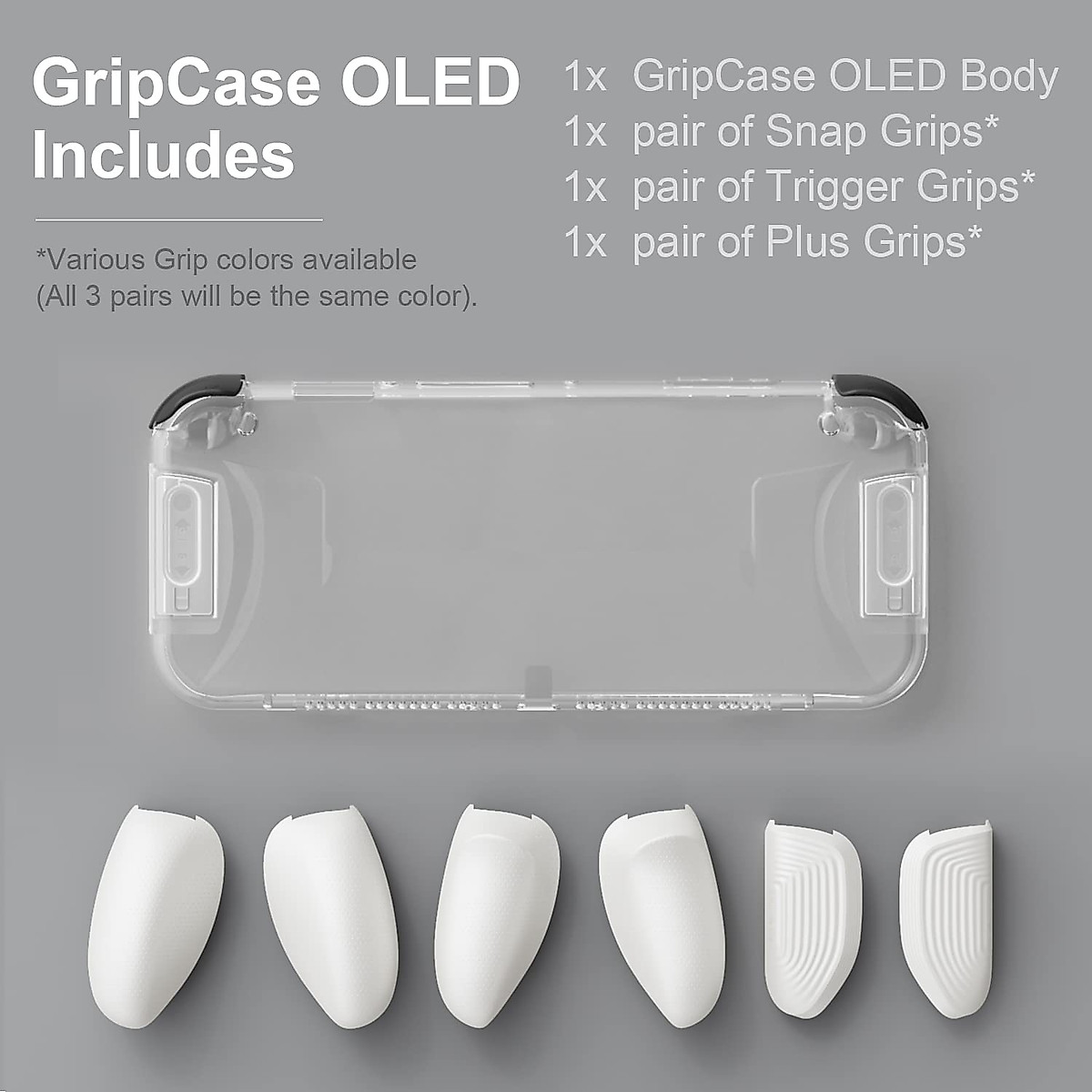 Skull & Co. GripCase OLED: A Dockable Transparent Protective Cover Case with Replaceable Grips [to fit All Hands Sizes] for Nintendo Switch OLED Model [No Carrying Case] -OLED White