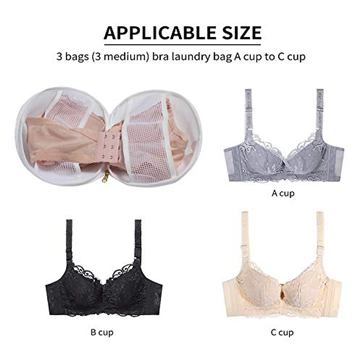TENRAI Set of 3 (3 Medium Bra Bags, Fits A-D Cup, Delicates Laundry Bags, Bra Fine Mesh Wash Bag, Use YKK Zipper, Protect Best Bra or Underware in The Washer, （0 Fluorescent Agent, White, CQS）