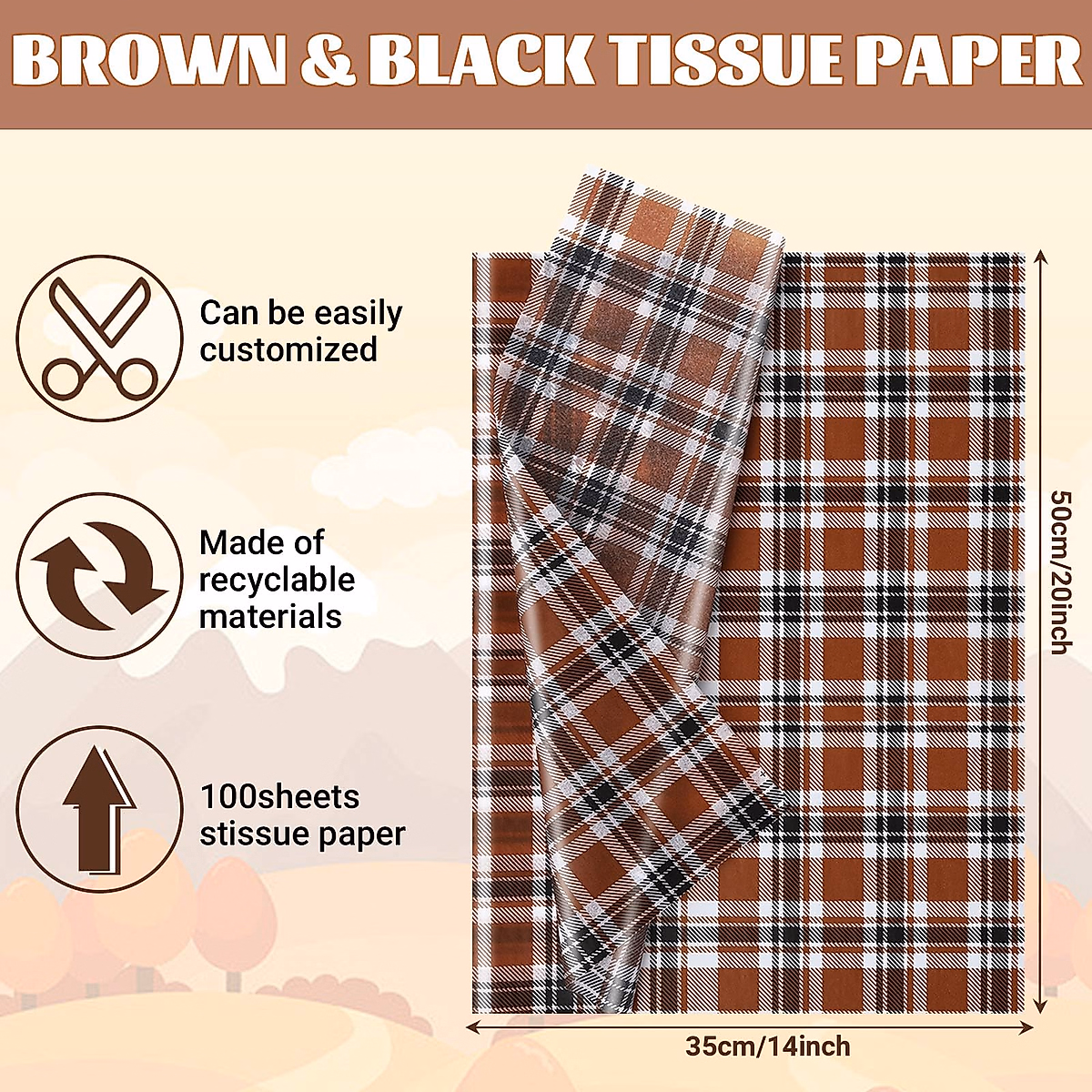 Bolsome 100 Sheets 20 * 14 Inches Brown Buffalo Plaid Gift Wrapping Paper Vintage Fall Tissue Paper for Gift Bags Rustic Art Tissue Paper for Birthday Thanksgiving Day Autumn Holidays Party DIY Craft