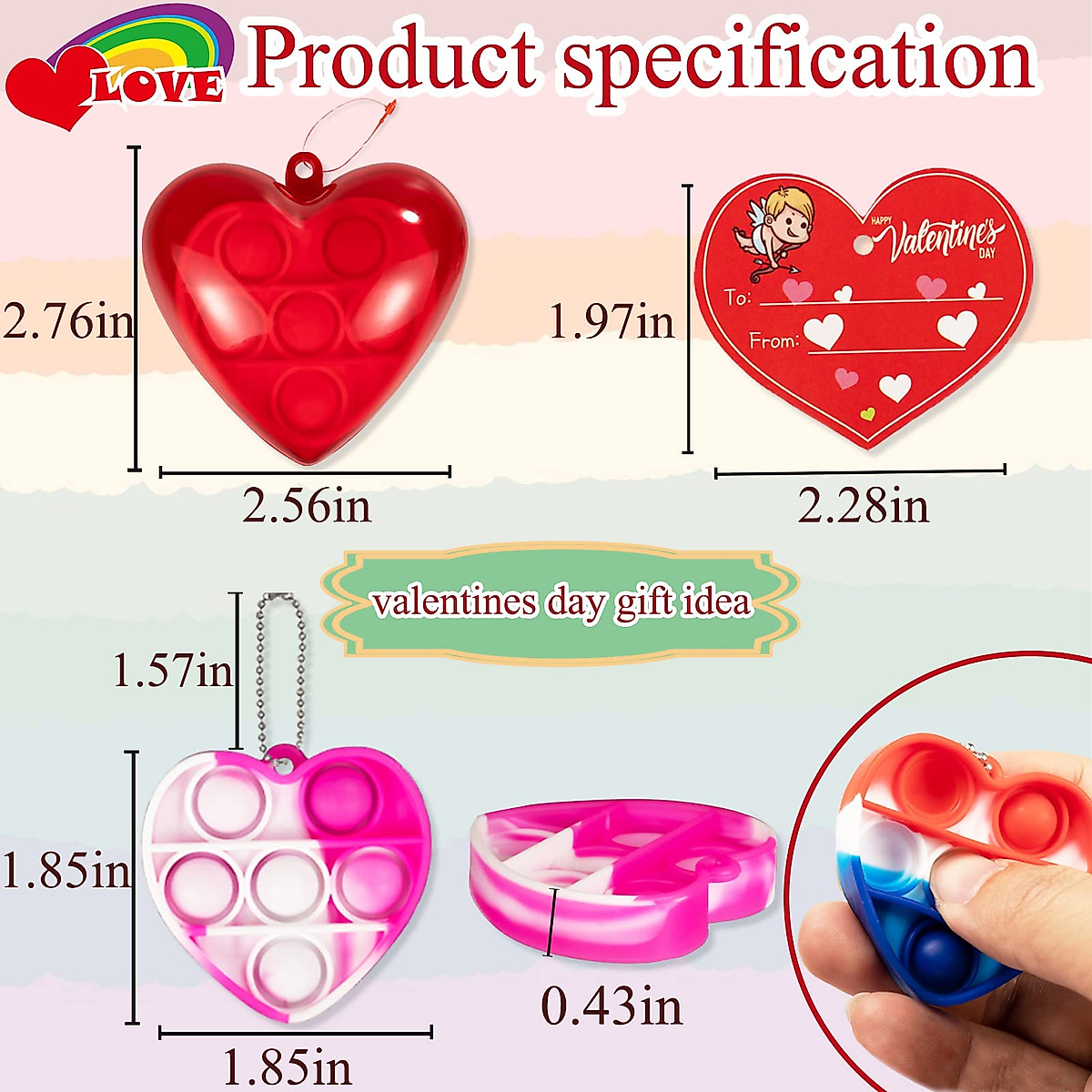 Prefilled Heart Pop Heart Fidget Toys with Cards for Kids - 12 Pack Mini Heart Pop Bubble Sensory Toys Bulk with Keychain Toddlers Girls Boys Exchange Birthday Gifts for Party Favors Supplies