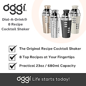 OGGI Dial A Drink Cocktail Shaker-23oz Stainless Steel Shaker, 8 Recipes, Stainless Steel Lid has Built In Strainer, Ideal Cocktail Mixer, Martini Shaker, Margarita Shaker & More, Stainless