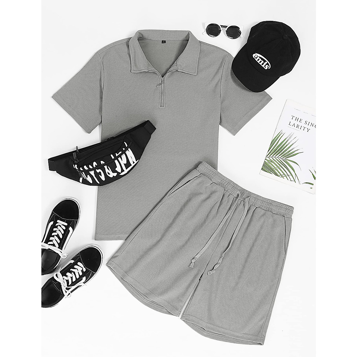 Babioboa Men's Tracksuit Polo Sirt and Shorts Set Solid Waffle Jersey Polo Short Suit Zip up 2 Piece Outfits(Grey,XXL)